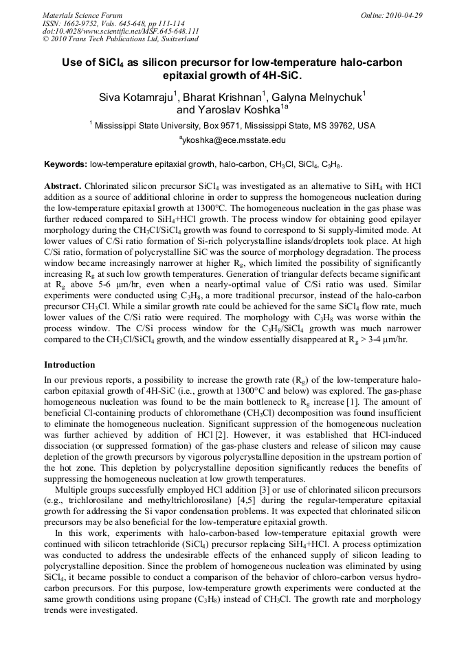 Use of SiCl4 as Silicon Precursor for Low-Temperature Halo-Carbon ...