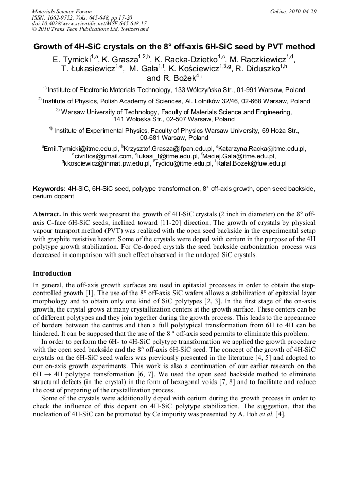 Growth of 4H-SiC Crystals on the 8° Off-Axis 6H-SiC Seed by PVT Method | Scientific.Net