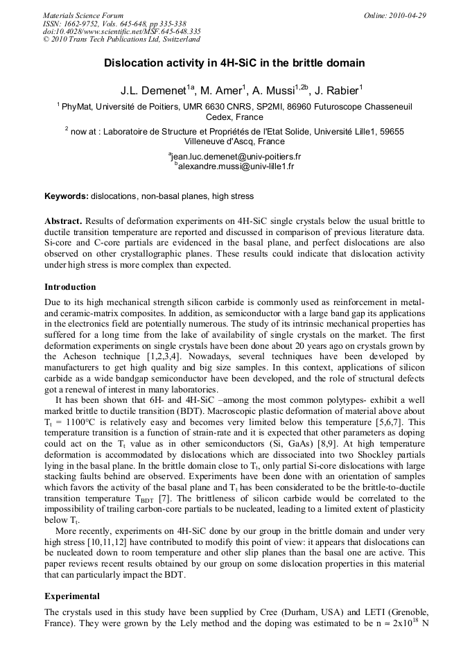 Dislocation Activity in 4H-SiC in the Brittle Domain | Scientific.Net