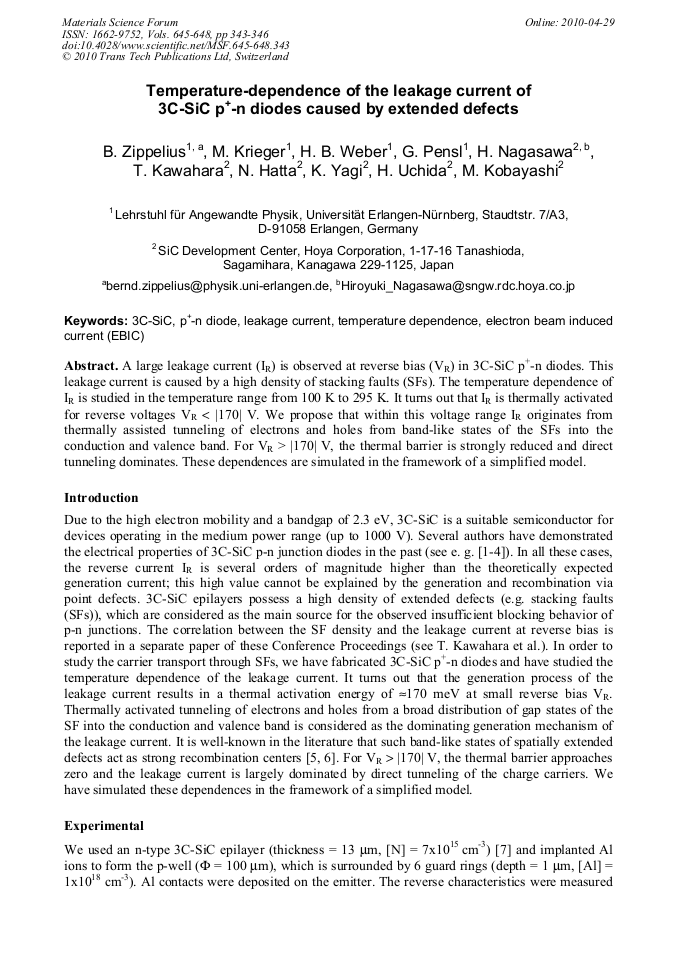 Temperature-Dependence of the Leakage Current of 3C-SiC p+-n Diodes ...