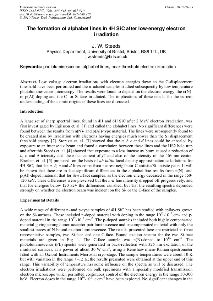 The Formation of Alphabet Lines in 4H SiC after Low-Energy Electron ...