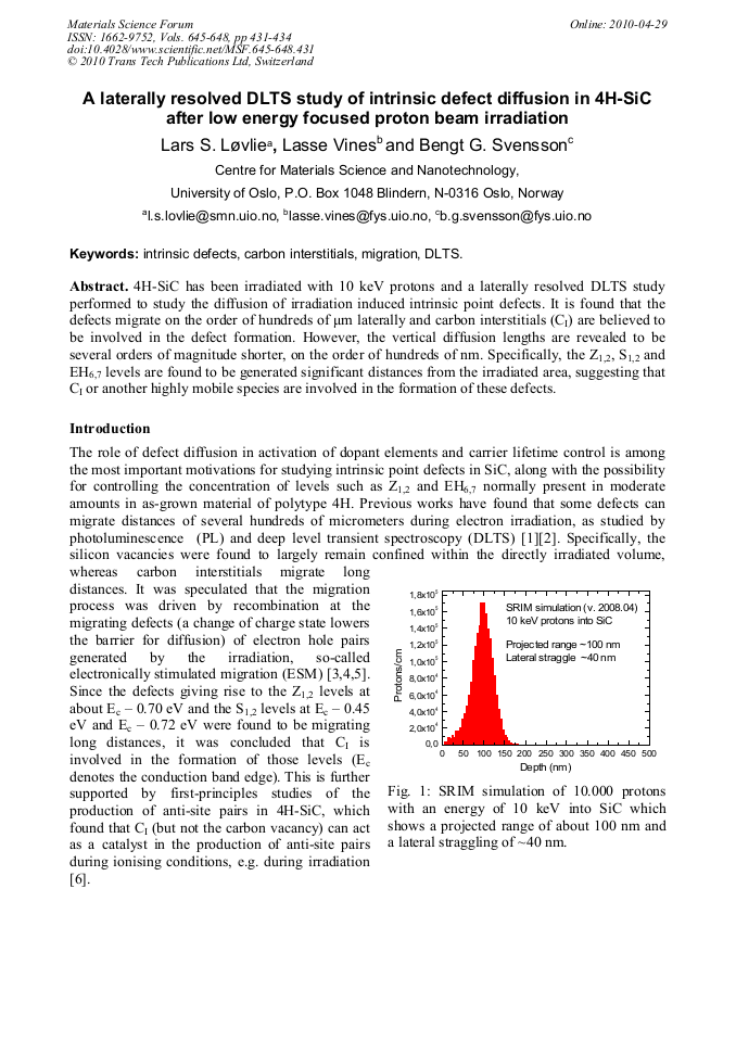 A Laterally Resolved DLTS Study of Intrinsic Defect Diffusion in 4H-SiC ...