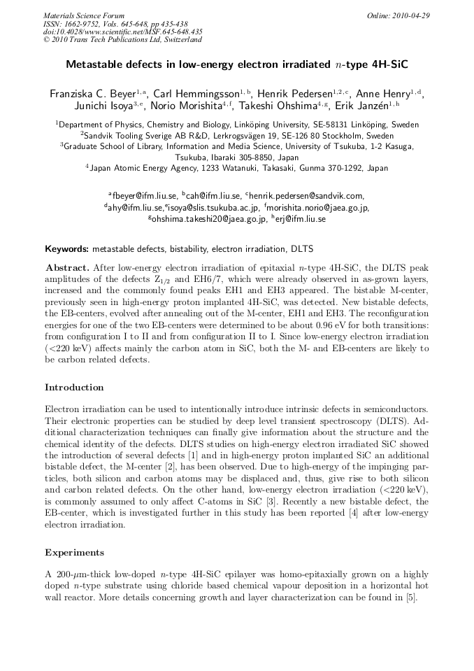 Metastable Defects in Low-Energy Electron Irradiated n-Type 4H-SiC | Scientific.Net