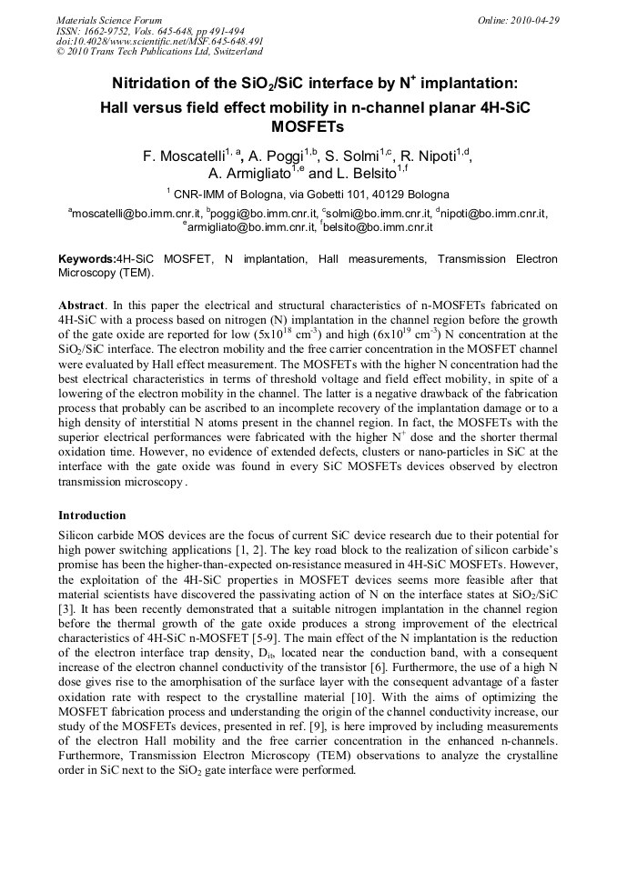 Nitridation of the SiO2/SiC Interface by N+ Implantation: Hall versus ...