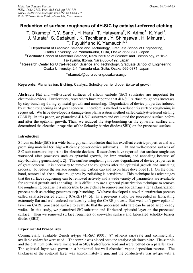 Reduction of Surface Roughness of 4H-SiC by Catalyst-Referred Etching ...