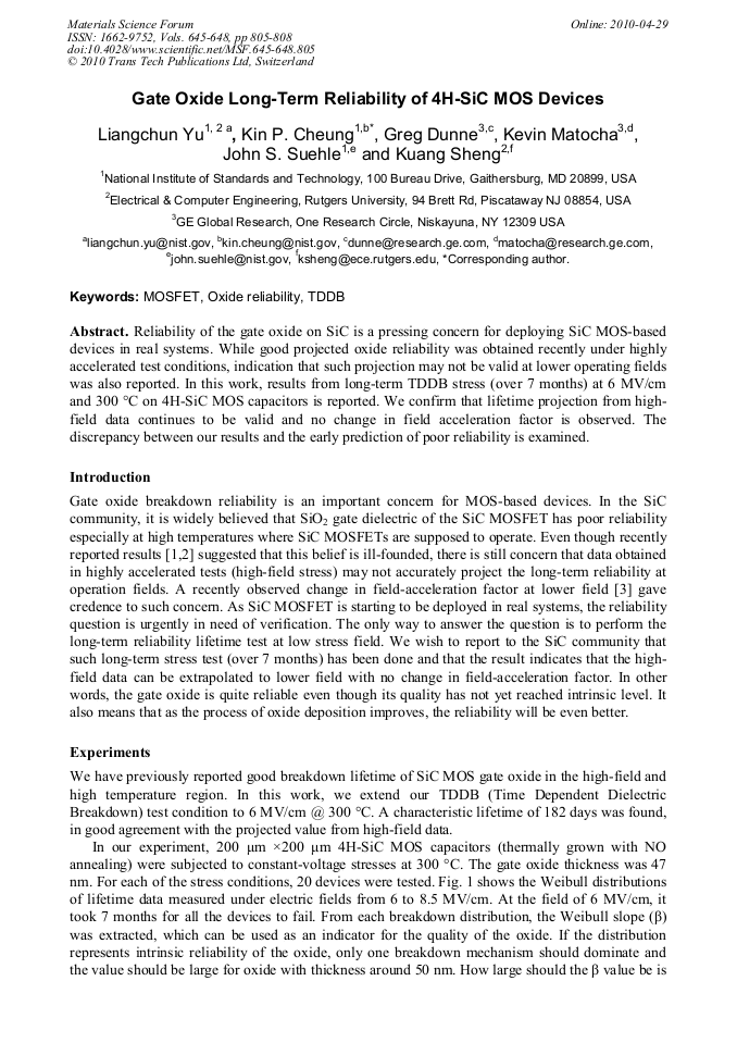 Gate Oxide Long-Term Reliability of 4H-SiC MOS Devices | Scientific.Net