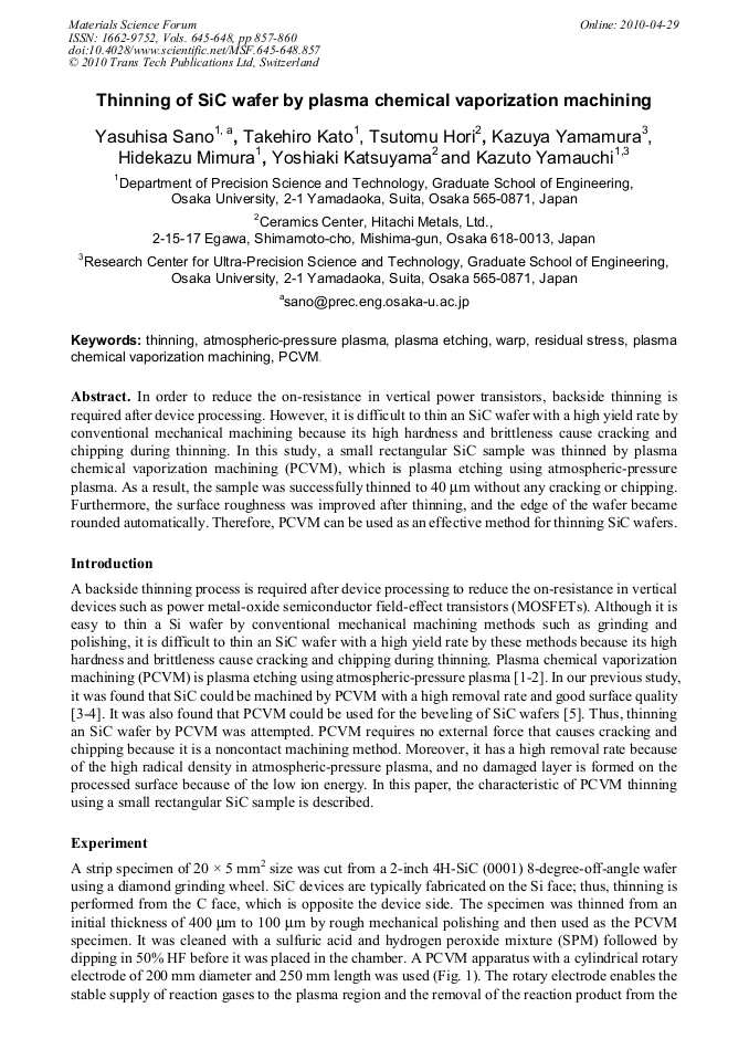 Thinning of SiC Wafer by Plasma Chemical Vaporization Machining ...