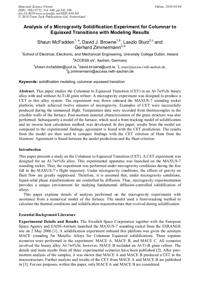 Analysis of a Microgravity Solidification Experiment for Columnar to ...