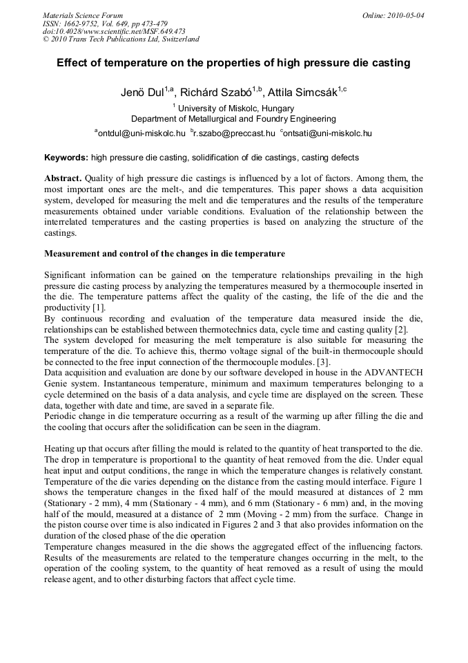 Effect of Temperature on the Properties of High Pressure Die Casting ...
