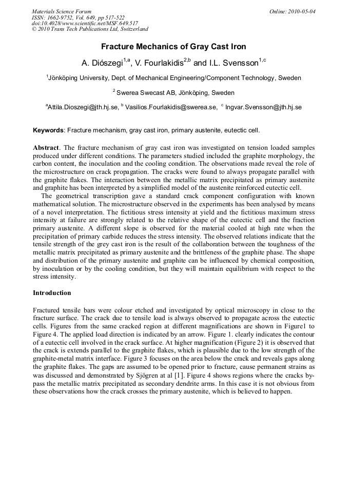 Fracture Mechanics of Gray Cast Iron | Scientific.Net