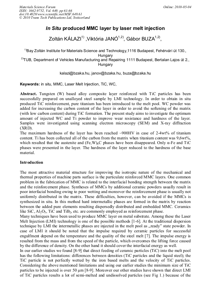 In Situ Produced MMC Layer by Laser Melt Injection | Scientific.Net