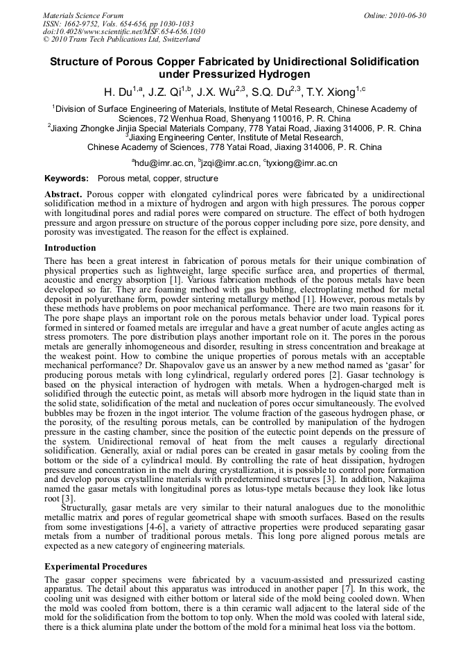 Structure of Porous Copper Fabricated by Unidirectional Solidification ...