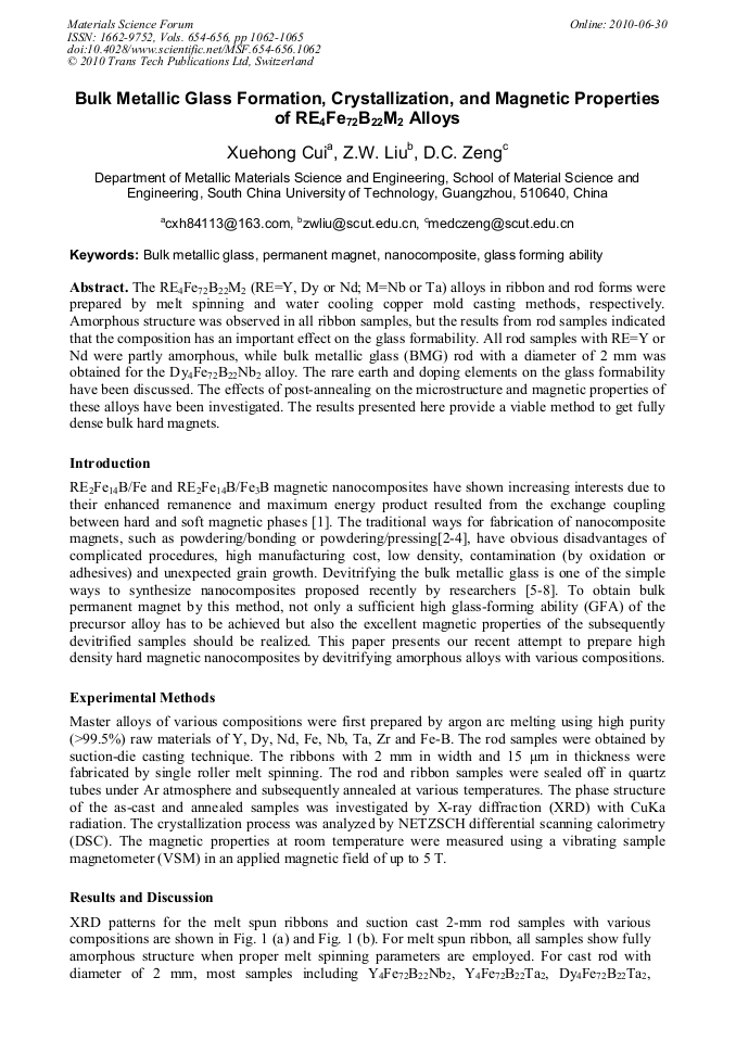 Bulk Metallic Glass Formation, Crystallization, and Magnetic Properties ...