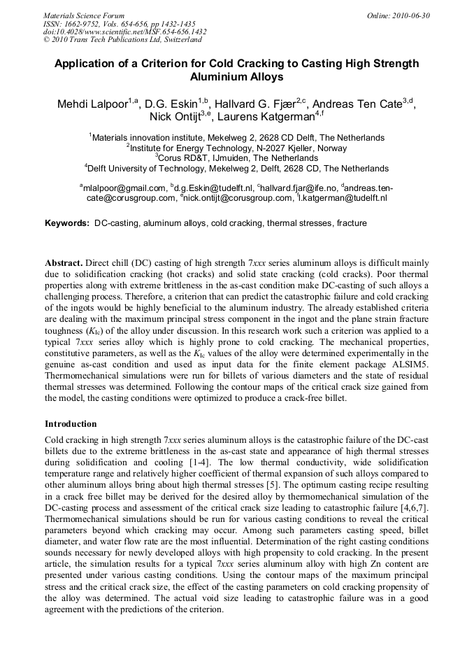Application of a Criterion for Cold Cracking to Casting High Strength ...