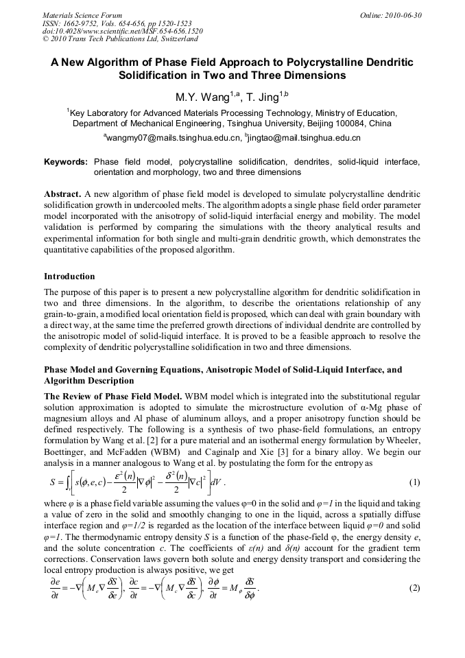 A New Algorithm of Phase Field Approach to Polycrystalline Dendritic ...