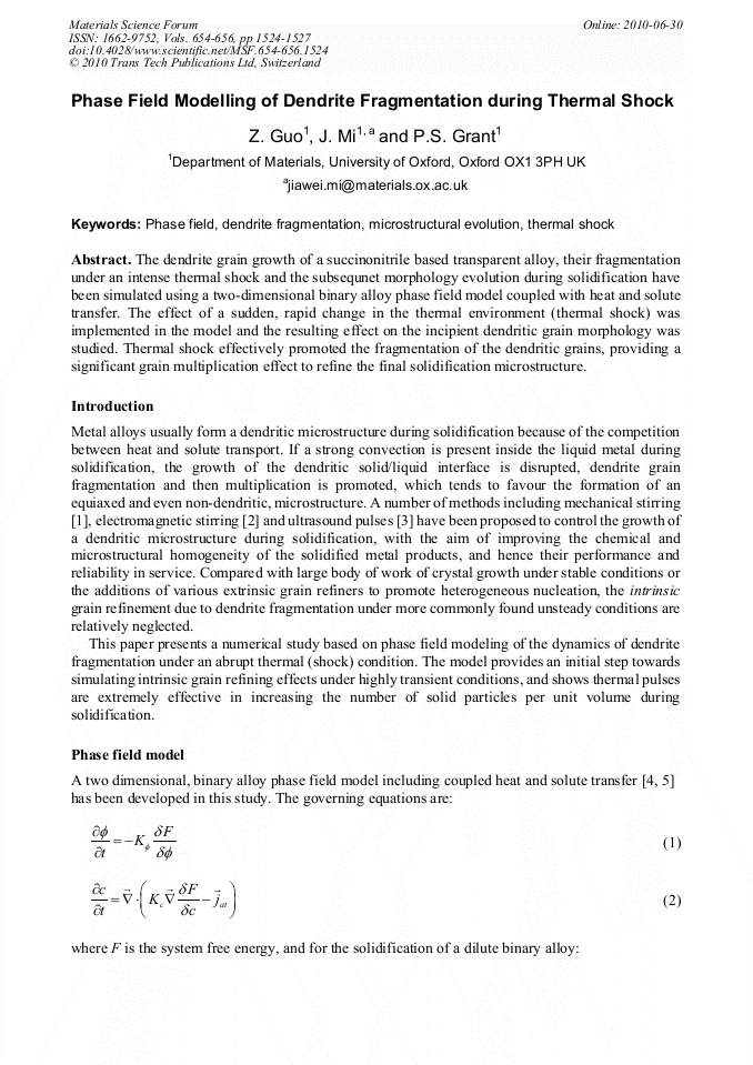 Phase Field Modelling of Dendrite Fragmentation during Thermal Shock ...