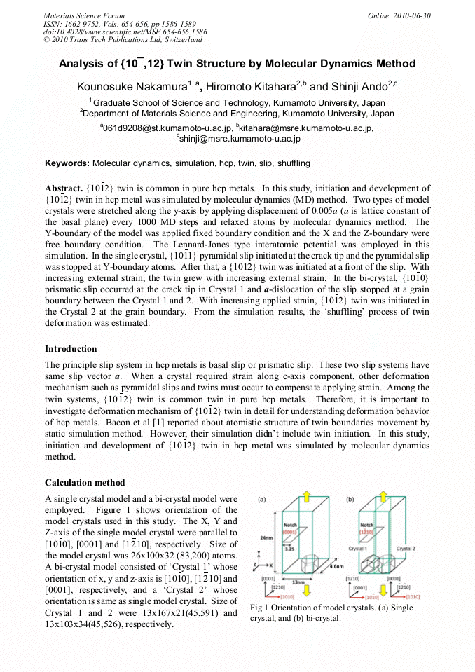 Analysis of {10-12} Twin Structure by Molecular Dynamics Method ...