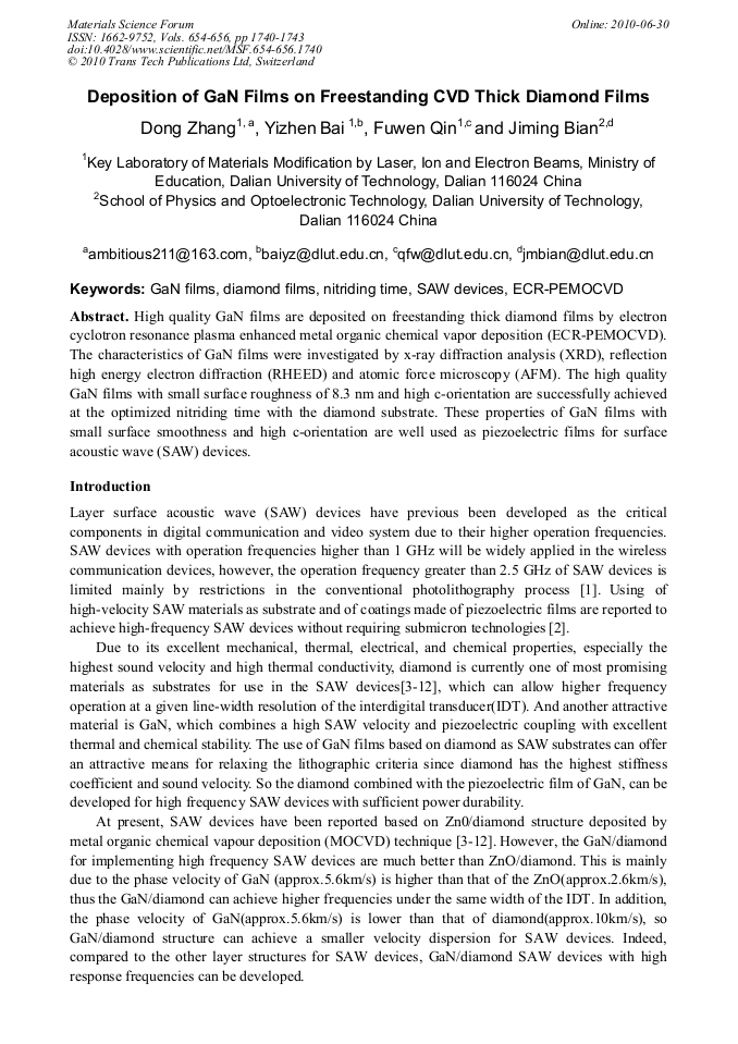 Deposition of GaN Films on Freestanding CVD Thick Diamond Films ...