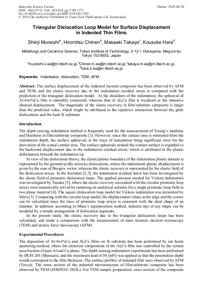 Triangular Dislocation Loop Model for Surface Displacement in Indented ...
