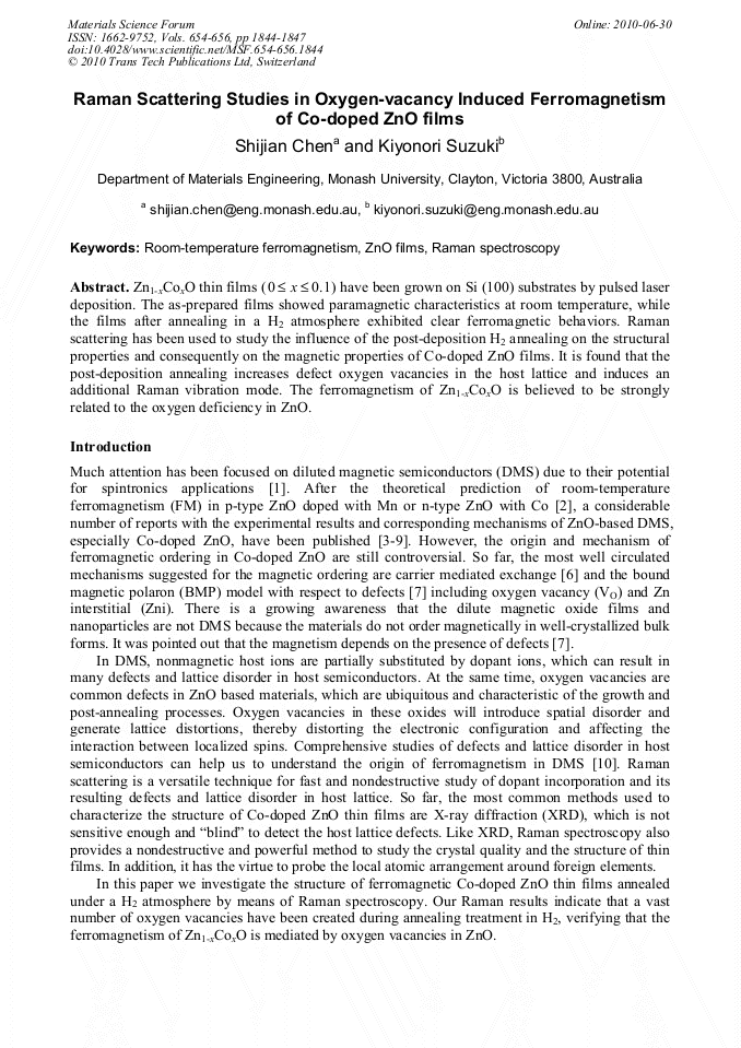Raman Scattering Studies in Oxygen-Vacancy Induced Ferromagnetism of Co ...
