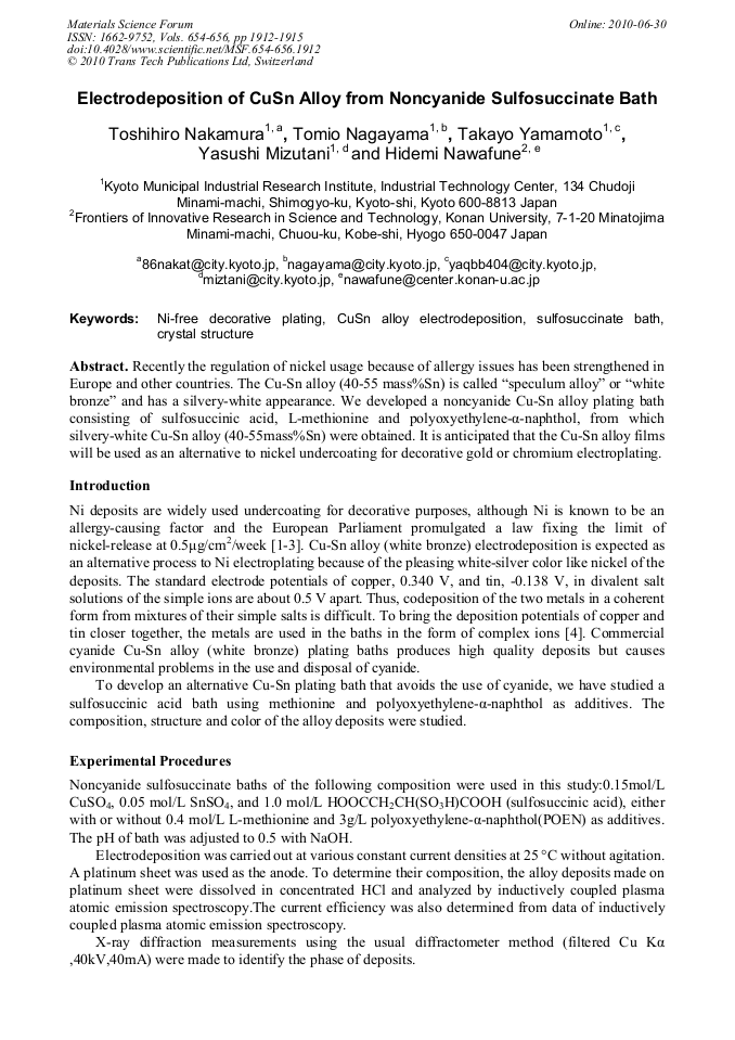 Electrodeposition of CuSn Alloy from Noncyanide Sulfosuccinate Bath ...