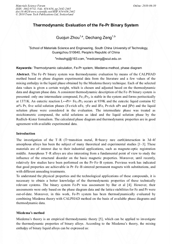 Thermodynamic Evaluation of the Fe-Pr Binary System | Scientific.Net