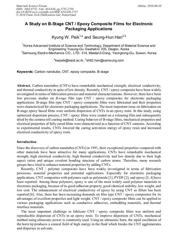 A Study on B-Stage CNT / Epoxy Composite Films for Electronic Packaging ...