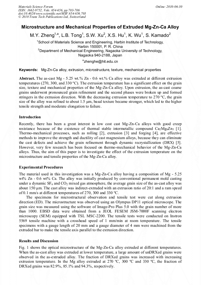 Microstructure and Mechanical Properties of Extruded Mg-Zn-Ca Alloy | Scientific.Net