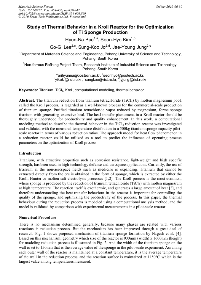 Study of Thermal Behavior in a Kroll Reactor for the Optimization of Ti ...