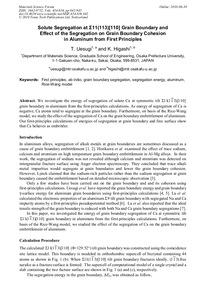 Solute Segregation at Σ11(113)[110] Grain Boundary and Effect of the ...