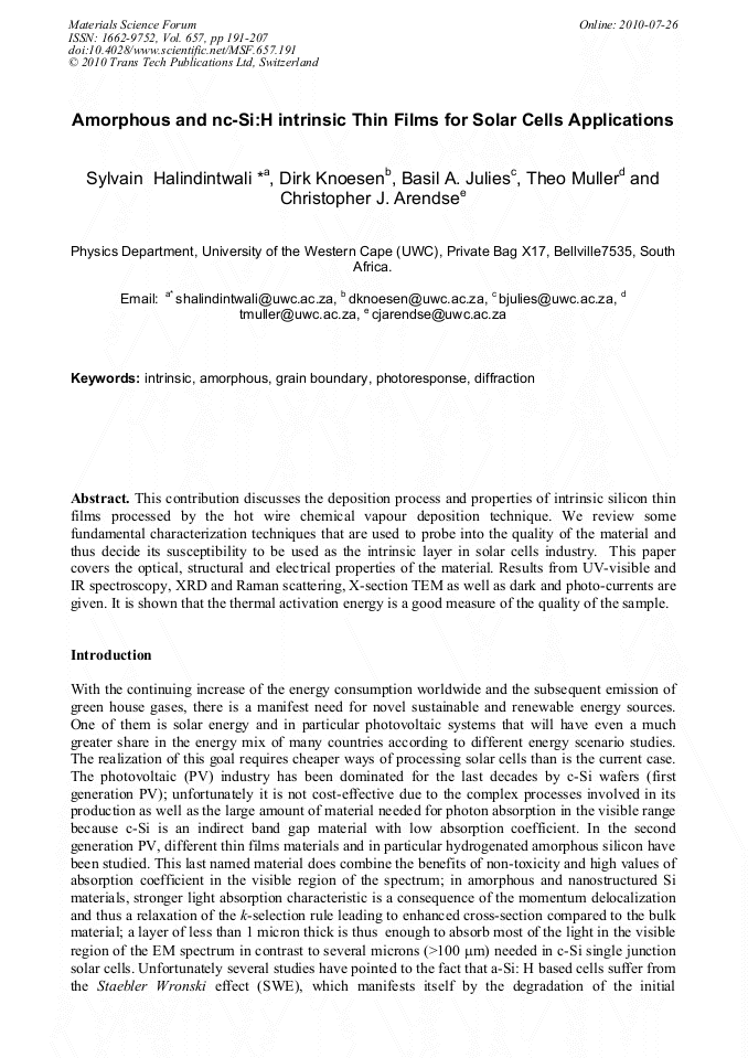 Amorphous and nc-Si:H Intrinsic Thin Films for Solar Cells Applications ...