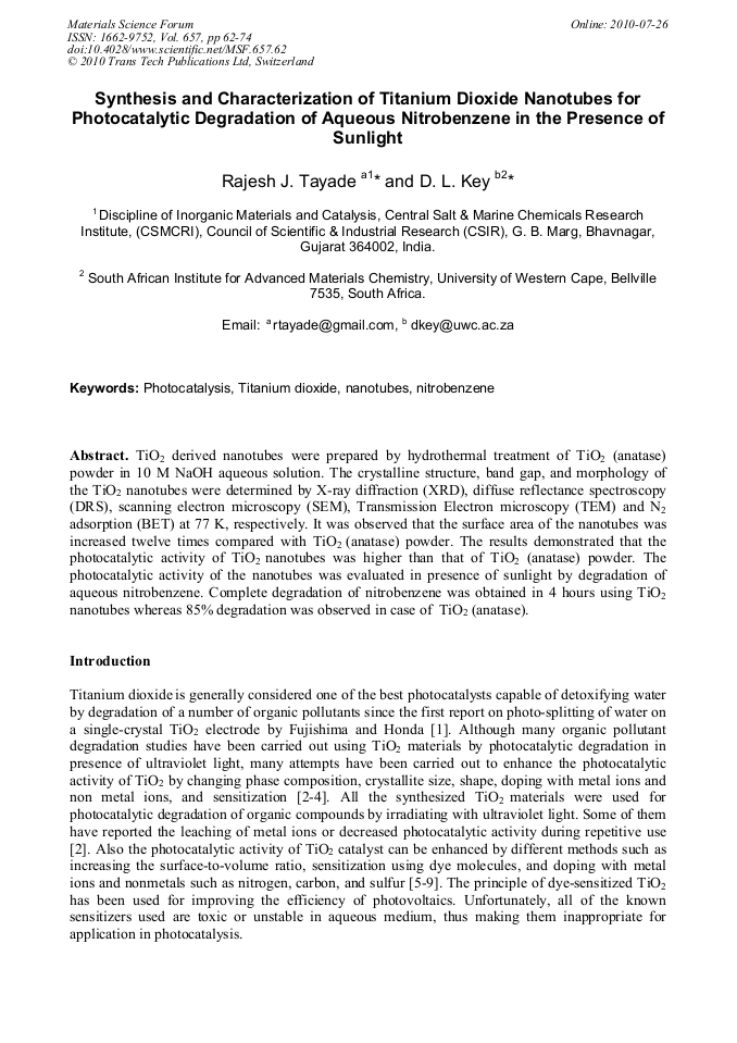 Synthesis and Characterization of Titanium Dioxide Nanotubes for ...