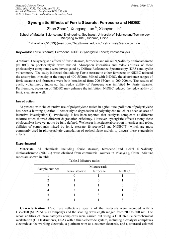 Synergistic Effects of Ferric Stearate, Ferrocene and NiDBC ...