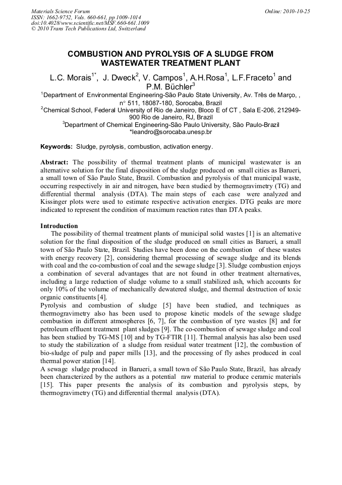 Combustion and Pyrolysis of a Sludge Form Wastewater Treatment Plant ...