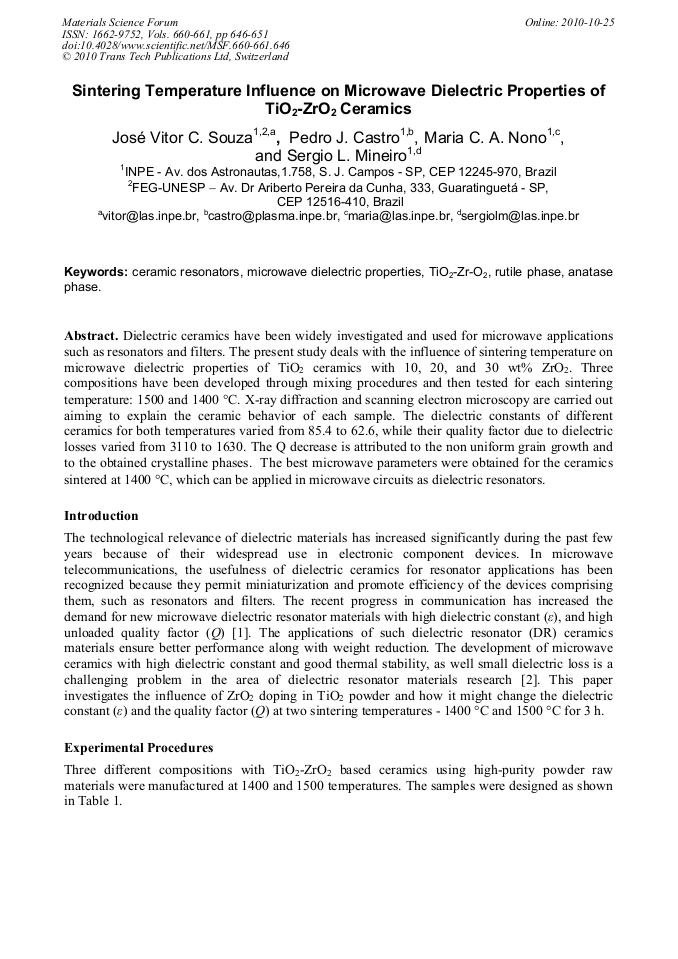 Sintering Temperature Influence on Microwave Dielectric Properties of ...