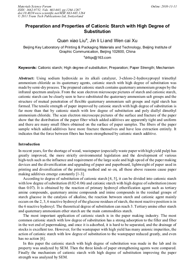 Preparation and Properties of Cationic Starch with High Degree of ...