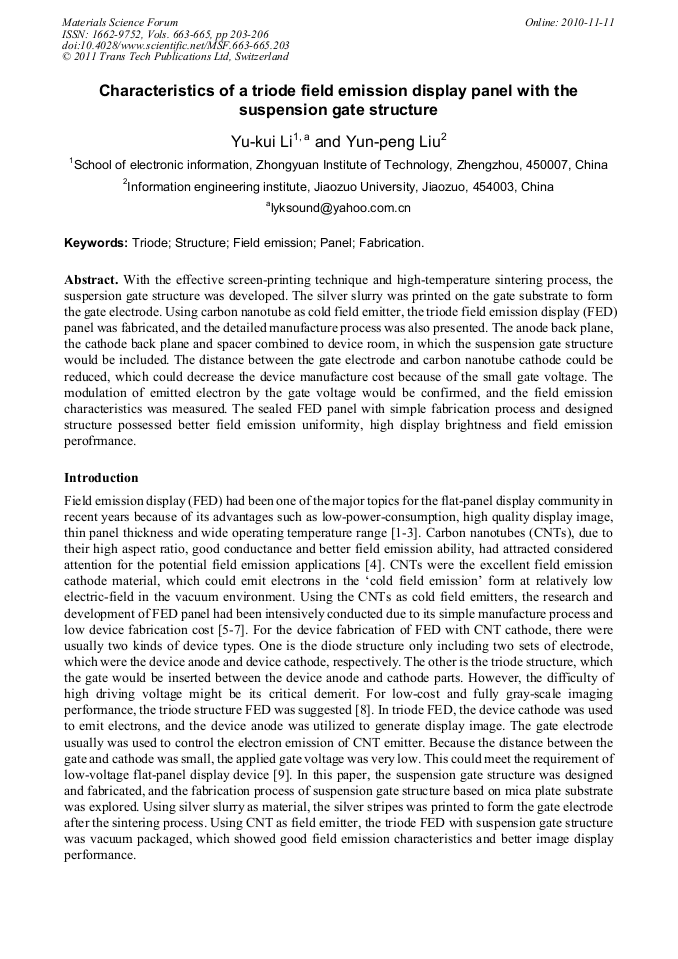 Characteristics of a Triode Field Emission Display Panel with the ...