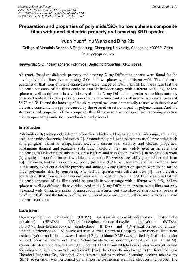 Preparation and Properties of Polyimide/SiO2 Hollow Spheres Composite ...