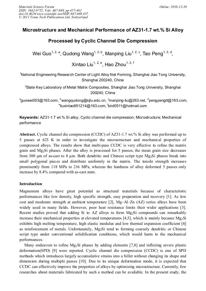 Microstructure and Mechanical Performance of AZ31-1.7 Wt.% Si Alloy ...