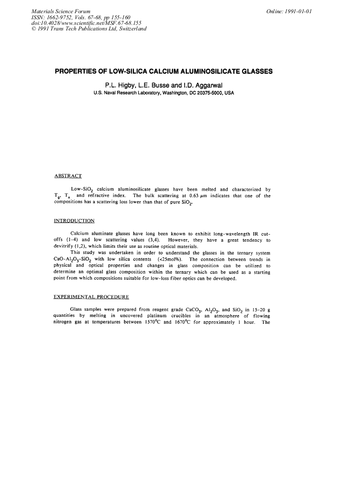 Properties of Low-Silica Calcium Aluminosilicate Glasses | Scientific.Net