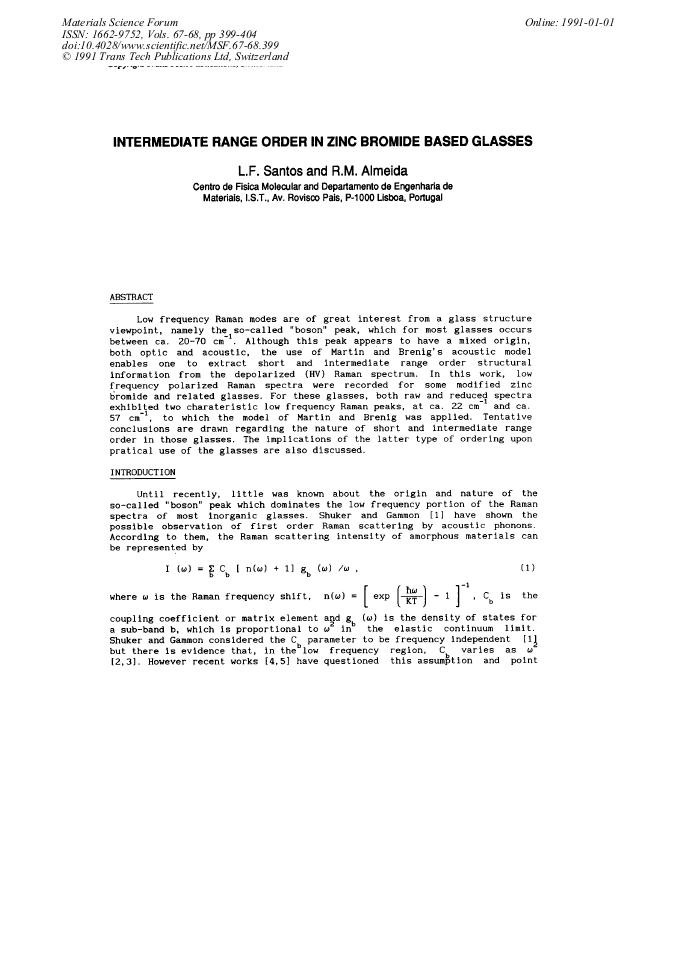 Intermediate Range Order in Zinc Bromide Based Glasses | Scientific.Net
