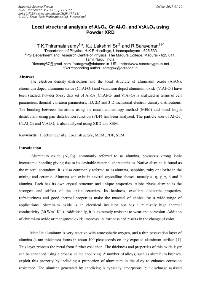 Local Structural Analysis of Al2O3, Cr:Al2O3 and V:Al2O3 Using Powder ...