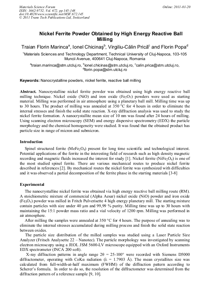 Nickel Ferrite Powder Obtained by High Energy Reactive Ball Milling ...