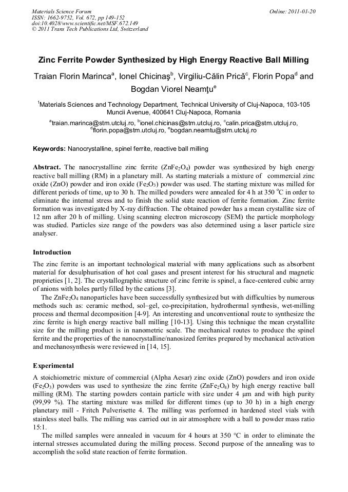 Zinc Ferrite Powder Synthesized by High Energy Reactive Ball Milling ...
