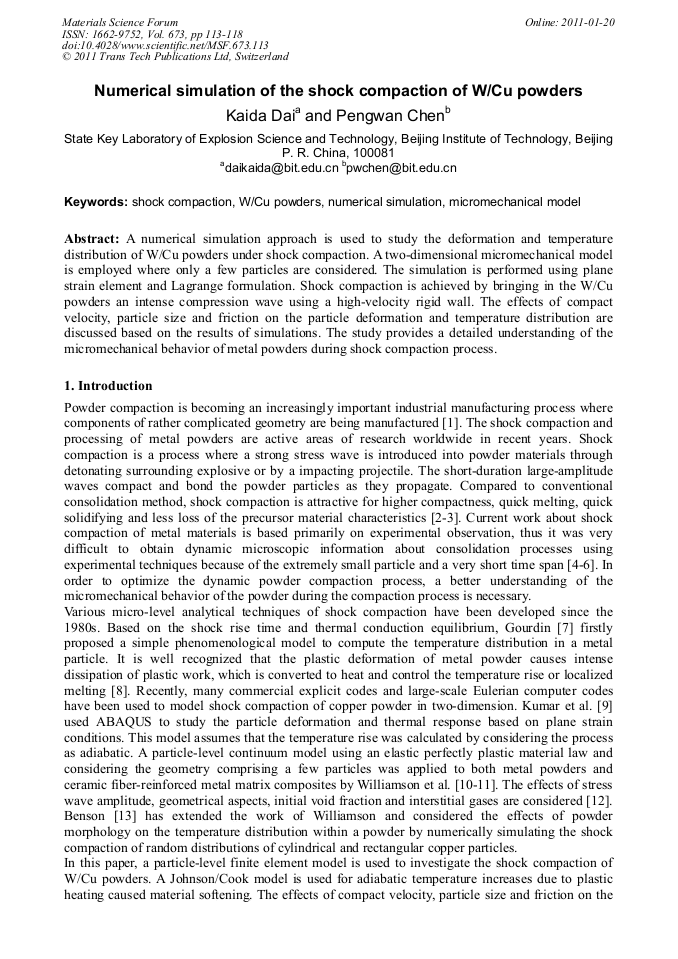 Numerical Simulation of the Shock Compaction of W/Cu Powders | Scientific.Net