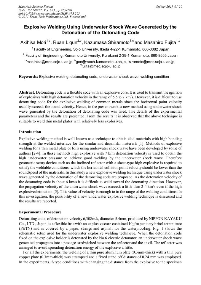 Explosive Welding Using Underwater Shock Wave Generated by the ...