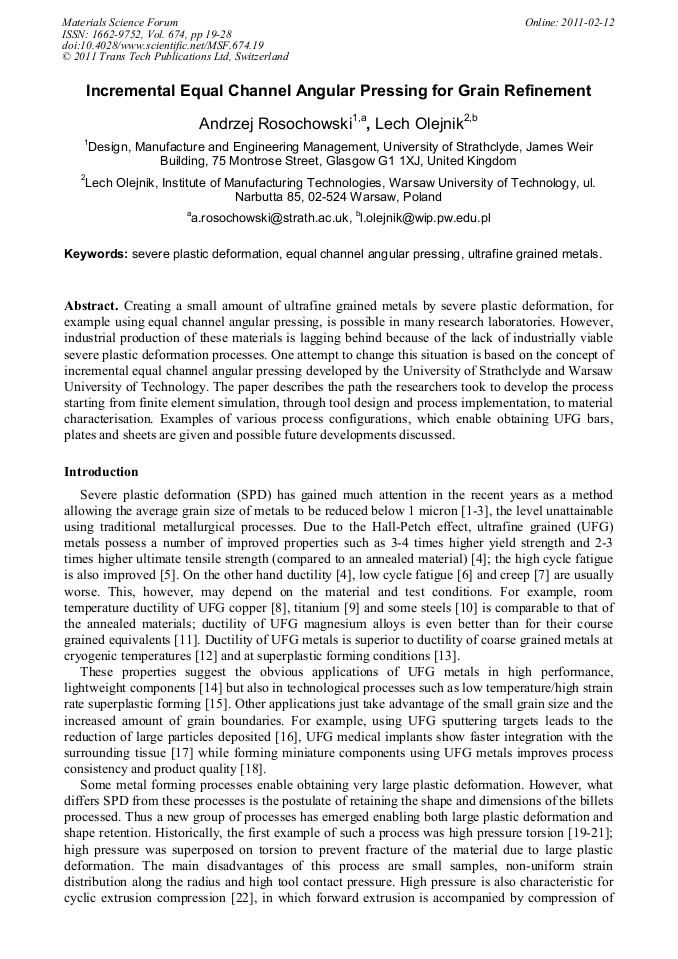 Incremental Equal Channel Angular Pressing for Grain Refinement ...