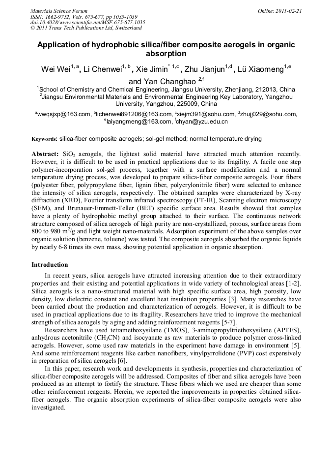 Application of Hydrophobic Silica/Fiber Composite Aerogels in Organic Absorption | Scientific.Net