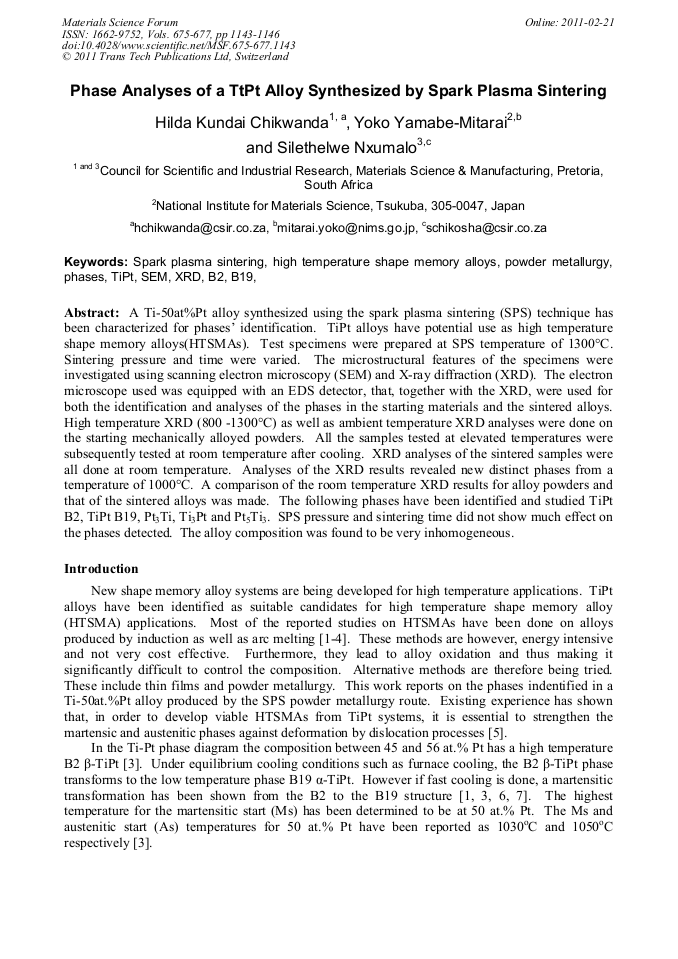 Phase Analyses of a TtPt Alloy Synthesized by Spark Plasma Sintering ...