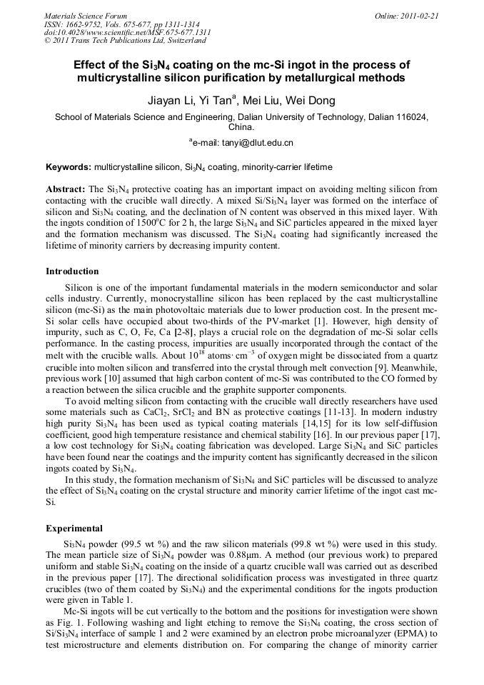 Effect of the Si3N4 Coating on the Mc-Si Ingot in the Process of ...
